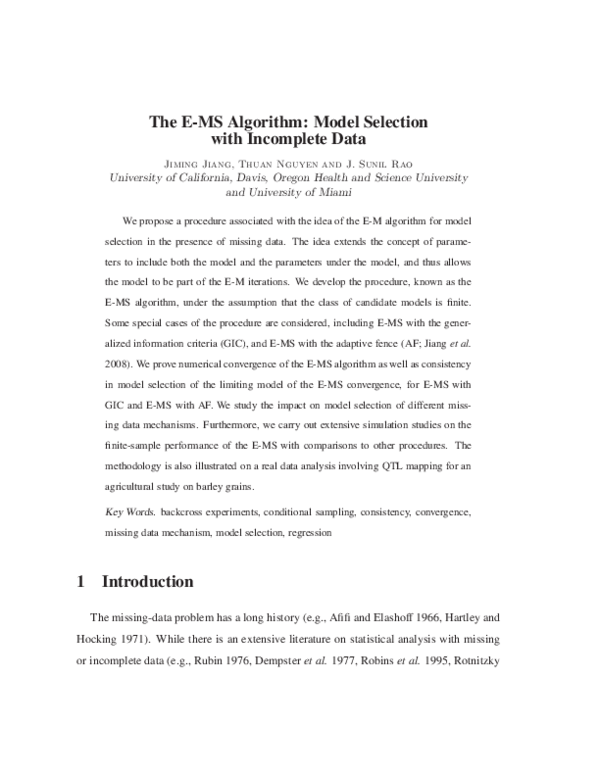 (PDF) The E-MS Algorithm: Model Selection With Incomplete Data