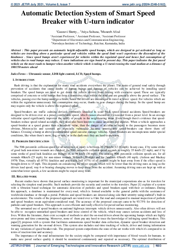 Pdf Automatic Detection System Of Smart Speed Breaker With U Turn Indicator Gauravi Shetty