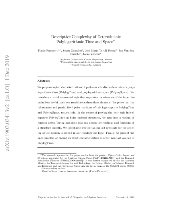 (PDF) Descriptive complexity of deterministic polylogarithmic time and space
