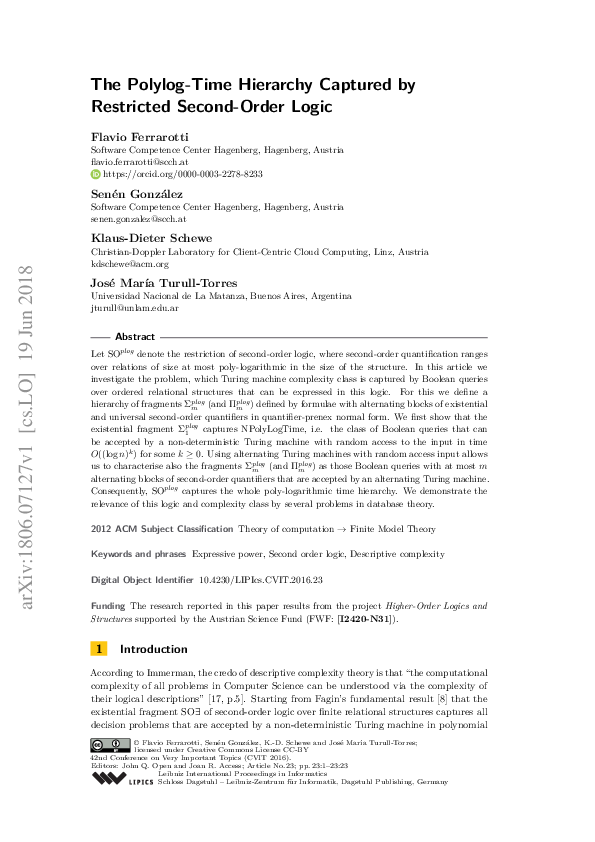 (PDF) The Polylog-Time Hierarchy Captured by Restricted Second-Order Logic | Flavio Ferrarotti ...