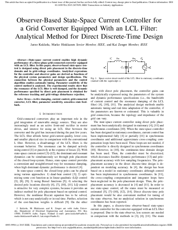 (PDF) Observer-based state-space current controller for a grid converter equipped with an LCL ...