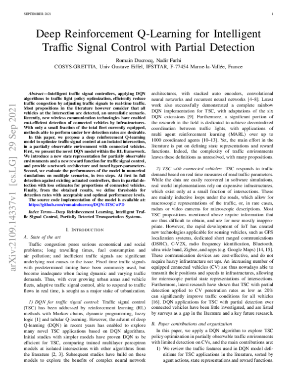 Pdf Deep Reinforcement Q Learning For Intelligent Traffic Signal Control With Partial Detection