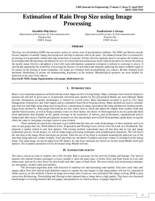 (PDF) Estimation of Rain Drop Size using Image Processing