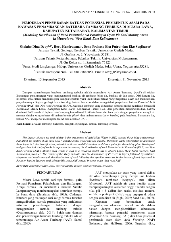 (PDF) PEMODELAN PENYEBARAN BATUAN POTENSIAL PEMBENTUK ASAM PADA KAWASAN ...