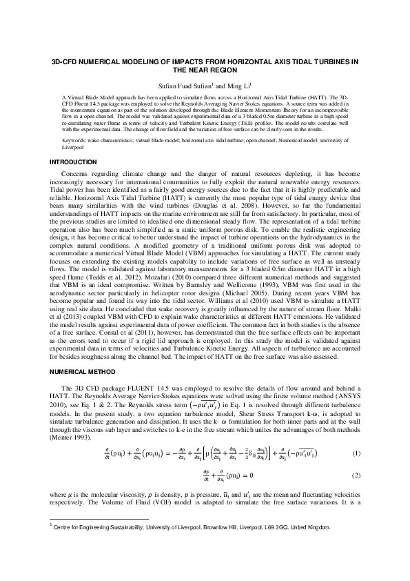 Pdf 3d Cfd Numerical Modeling Of Impacts From Horizontal Axis Tidal