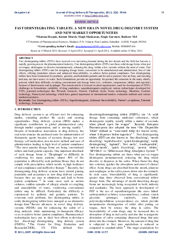 (PDF) Fast Disintegrating Tablets: A Review on an Emerging Trend in Novel Oral Drug Delivery ...