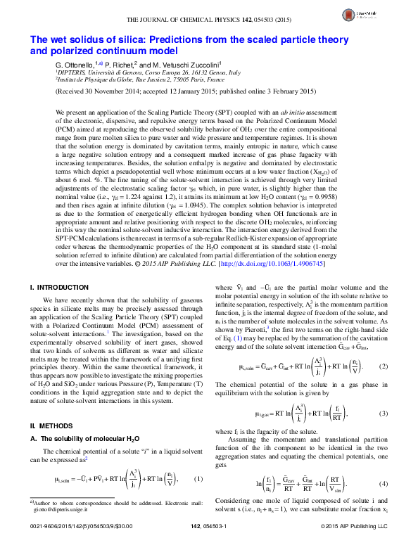 (PDF) The wet solidus of silica: Predictions from the scaled particle ...