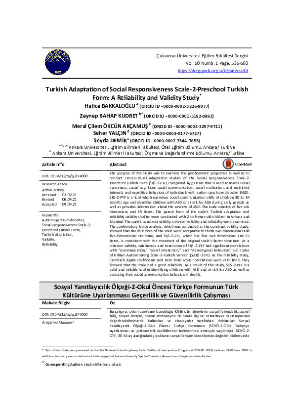 Pdf Turkish Adaptation Of Social Responsiveness Scale 2 Preschool