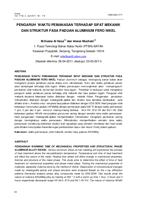 (PDF) Pengaruh Waktu Pemanasan Terhadap Sifat Mekanik Dan Struktur Fasa Paduan Aluminium Fero Nikel