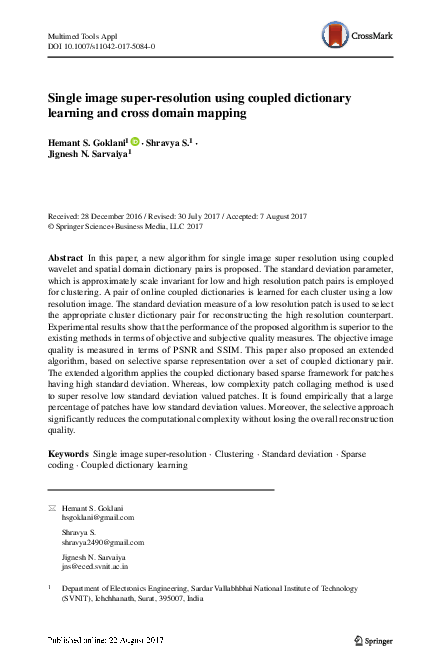 (PDF) Single image super-resolution using coupled dictionary learning and cross domain mapping