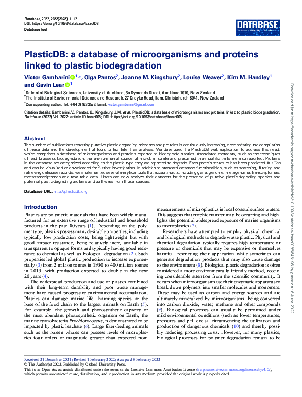 (PDF) PlasticDB: a database of microorganisms and proteins linked to plastic biodegradation