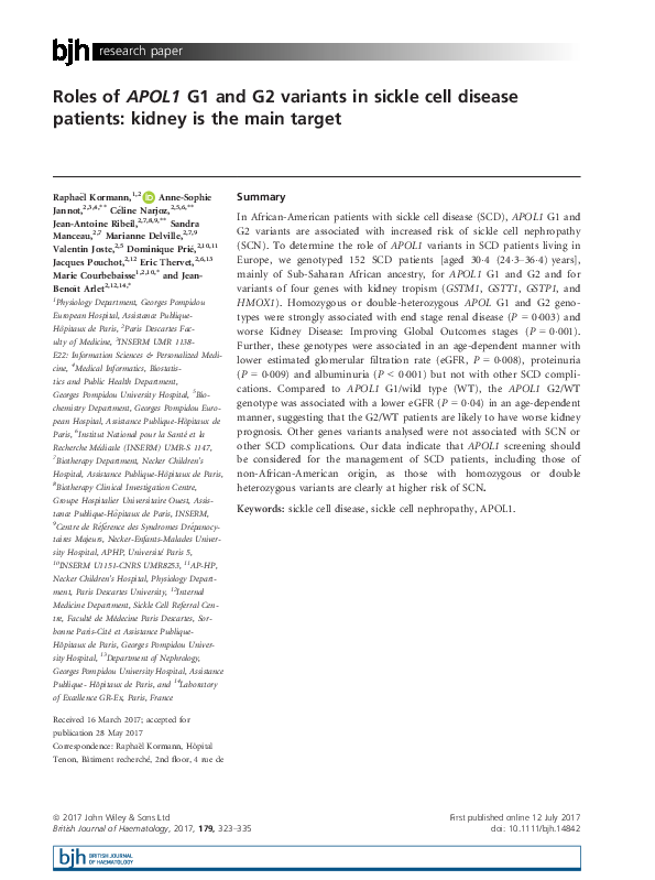 (PDF) Roles of APOL1 G1 and G2 variants in sickle cell disease patients ...