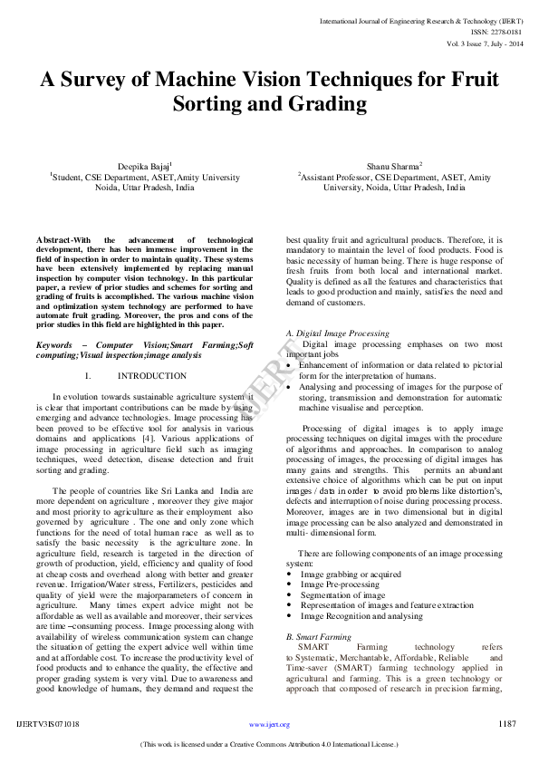 (PDF) A Survey of Machine Vision Techniques for Fruit Sorting and Grading