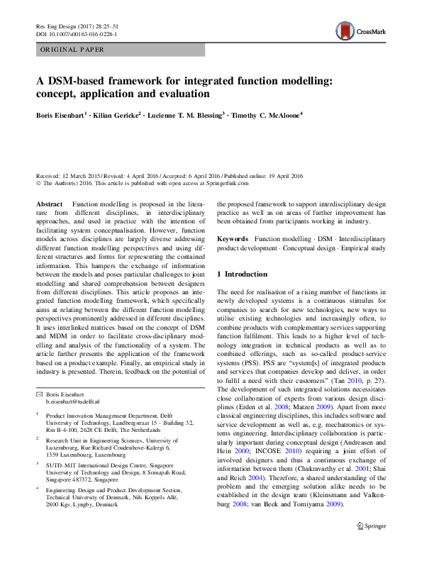 (PDF) A DSM-based framework for integrated function modelling: concept, application and evaluation