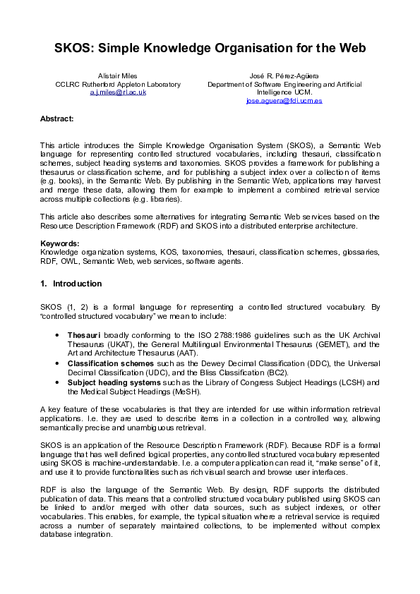 (PDF) SKOS: Simple Knowledge Organisation for the Web