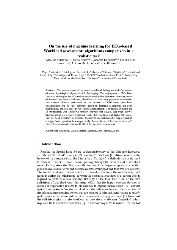 Pdf On The Use Of Machine Learning For Eeg Based Workload Assessment Algorithms Comparison In