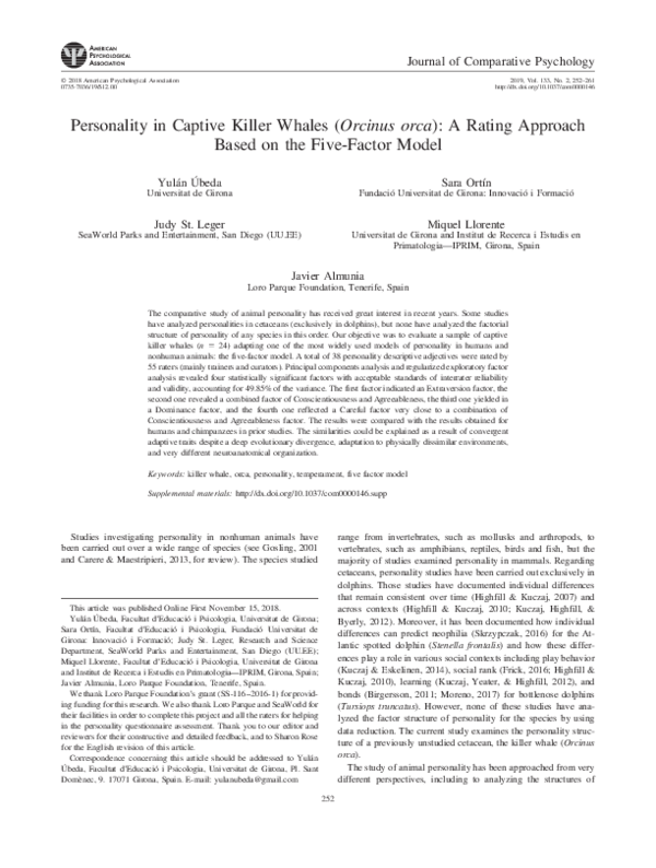 (PDF) Personality in captive killer whales (Orcinus orca): A rating ...