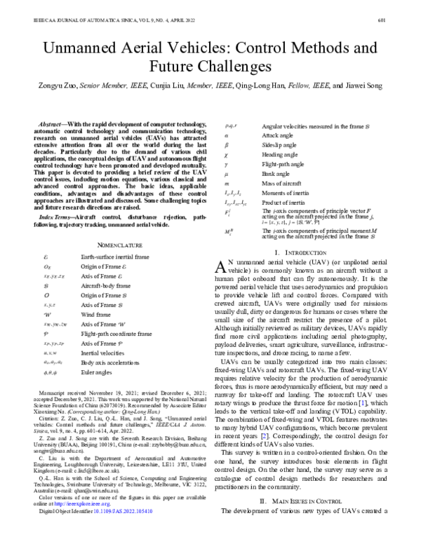 (PDF) Unmanned Aerial Vehicles: Control Methods and Future Challenges