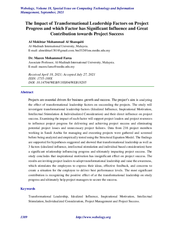 (PDF) The Impact of Transformational Leadership Factors on Project Progress and which Factor has ...