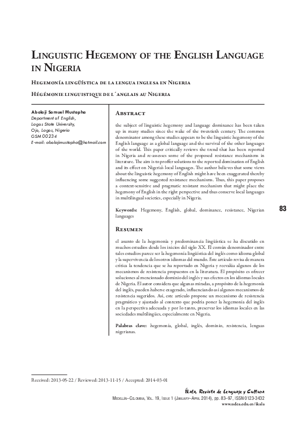 (PDF) Linguistic Hegemony of the English Language in Nigeria | Abolaji ...