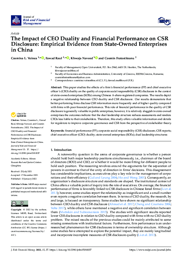 (PDF) The Impact of CEO Duality and Financial Performance on CSR Disclosure: Empirical Evidence ...