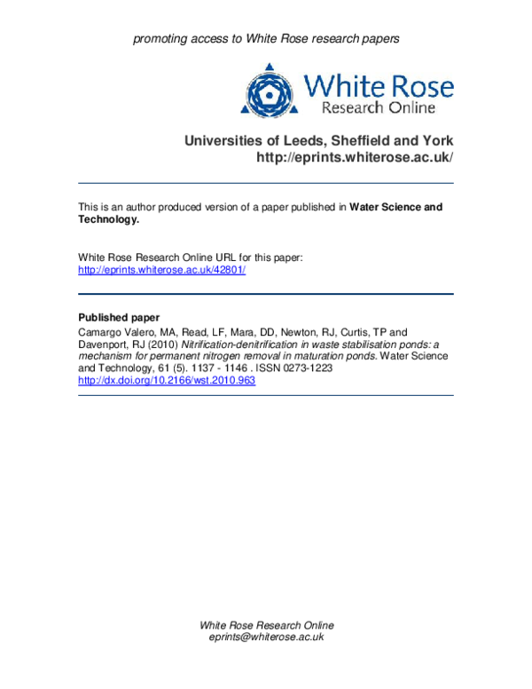 (PDF) Nitrification–denitrification in waste stabilisation ponds: a ...
