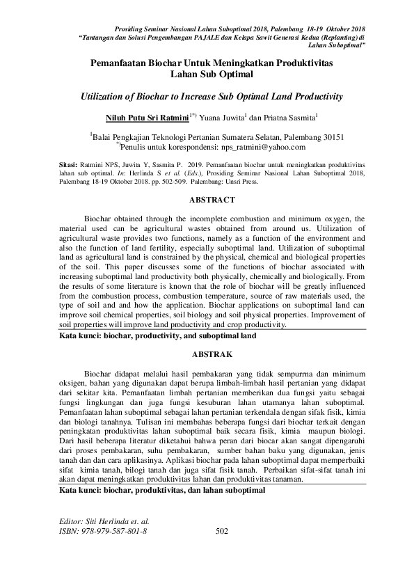 (PDF) Pemanfaatan Biochar Untuk Meningkatkan Produktivitas Lahan Sub ...