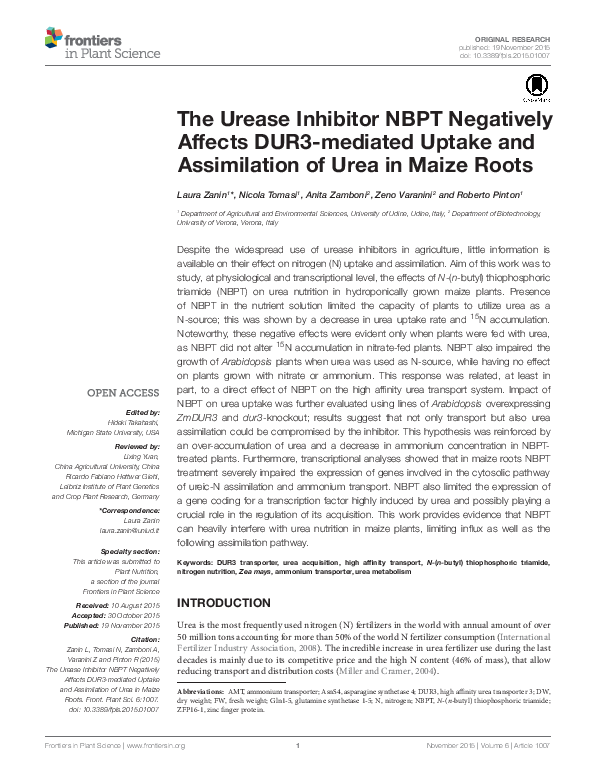 (PDF) The Urease Inhibitor NBPT Negatively Affects DUR3-mediated Uptake ...