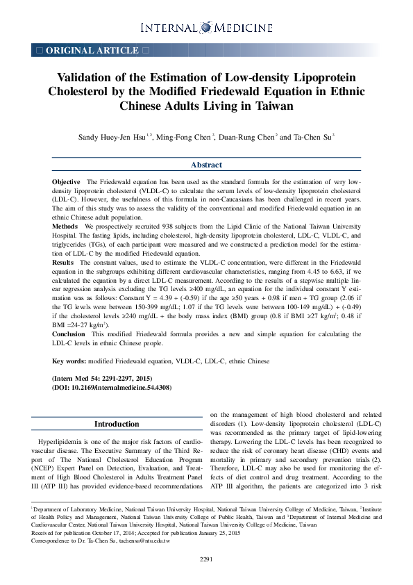 (PDF) Validation of the Estimation of Low-density Lipoprotein ...
