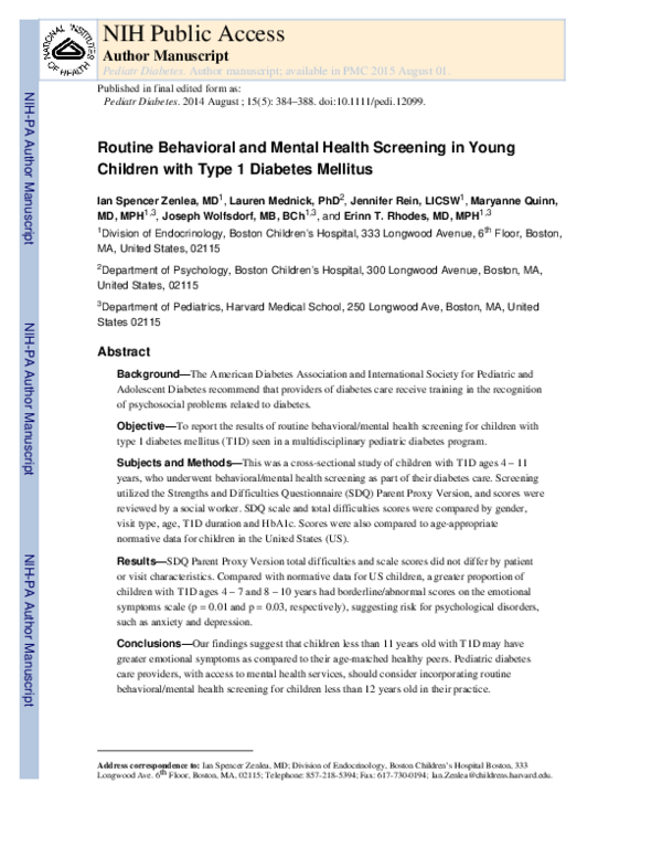 (PDF) Routine behavioral and mental health screening in young children ...