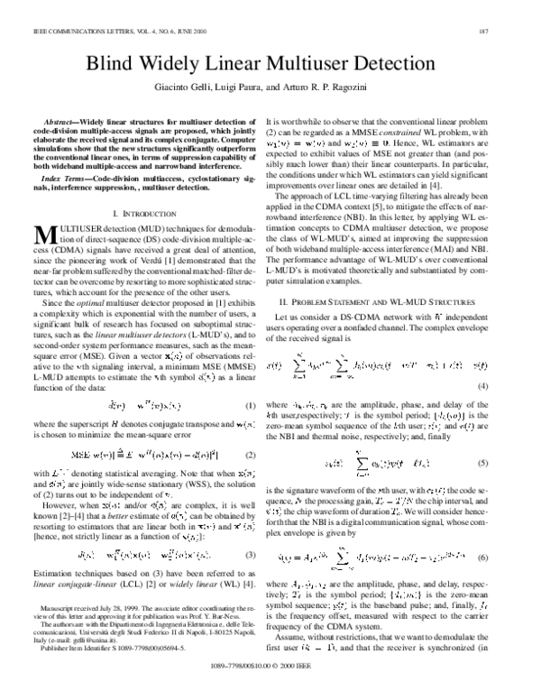 Pdf Blind Widely Linear Multiuser Detection Arturo Ragozini