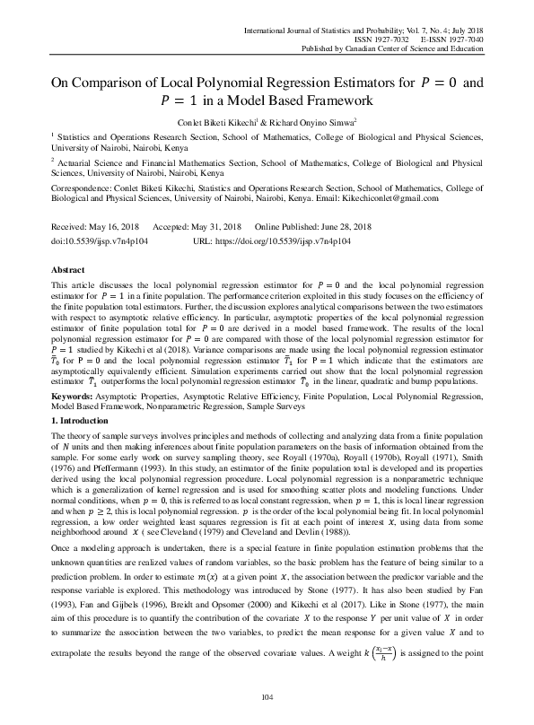 Pdf On Comparison Of Local Polynomial Regression Estimators For P 0 And P 1 In A Model Based