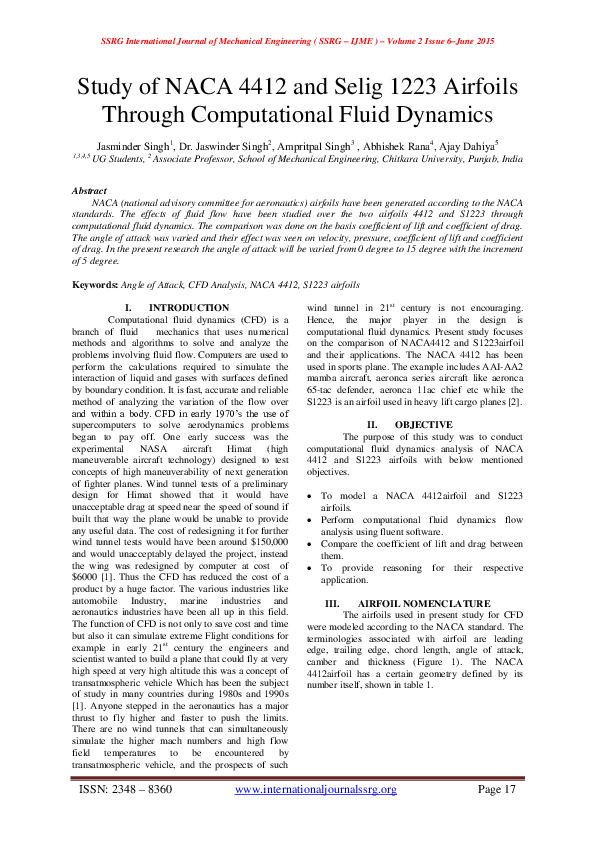 (PDF) Study of NACA 4412 and Selig 1223 airfoils through computational fluid dynamics