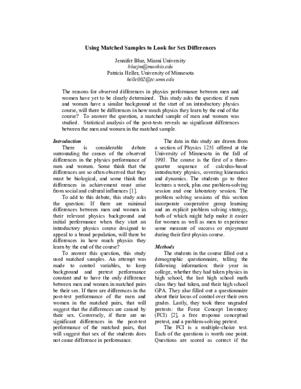 Pdf Using Matched Samples To Look For Sex Differences 4447