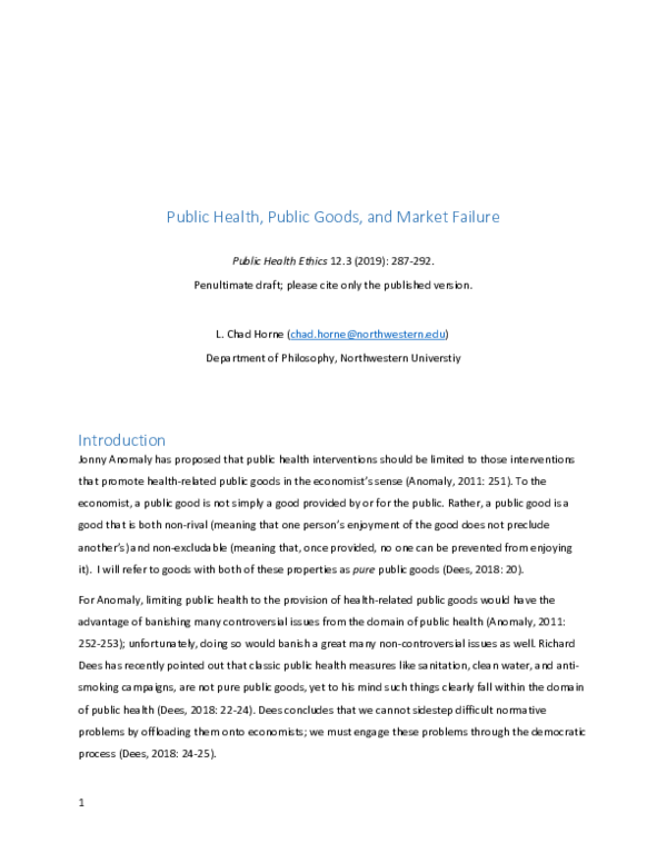 (PDF) Public Health, Public Goods, and Market Failure