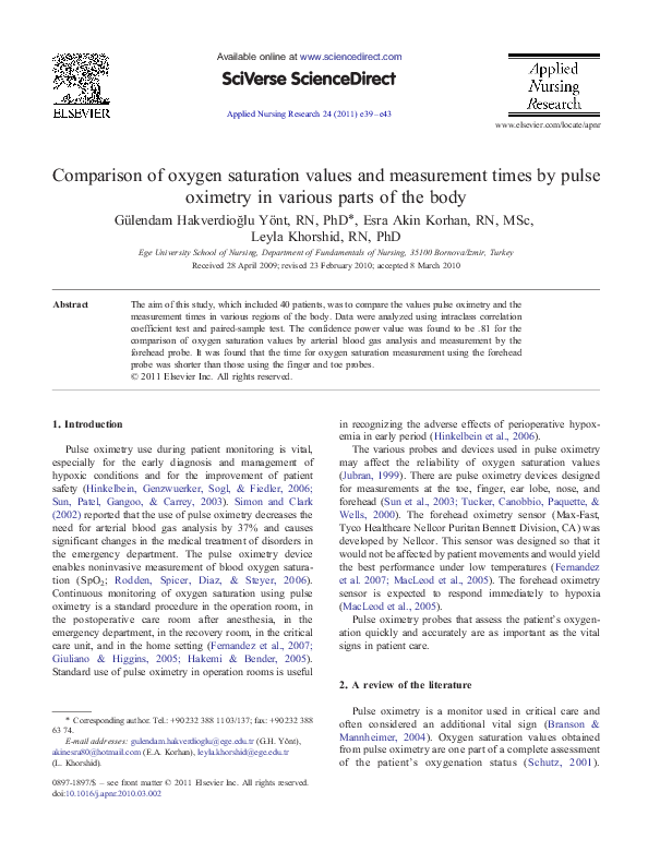 (PDF) Comparison of oxygen saturation values and measurement times by ...