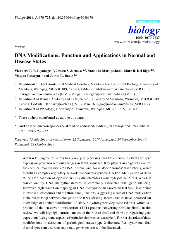(PDF) DNA Modifications: Function and Applications in Normal and ...