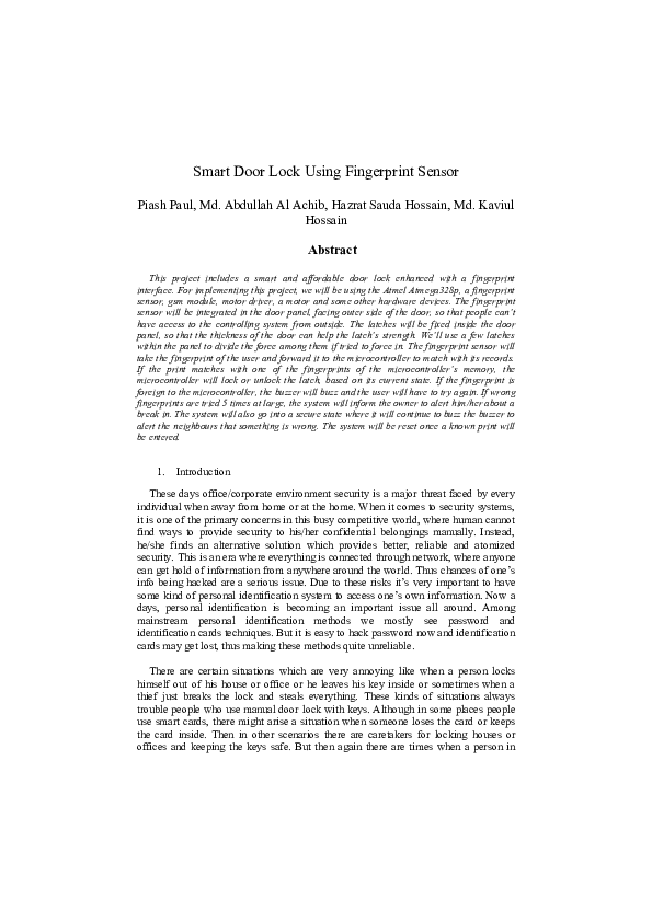 (DOC) Smart Door Lock Using Fingerprint Sensor (DOC) Smart Door Lock Using Fingerprint Sensor