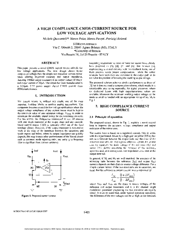(PDF) A high compliance CMOS current source for low voltage applications