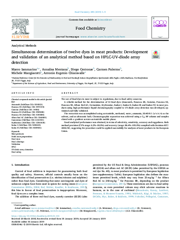 Pdf Simultaneous Determination Of Twelve Dyes In Meat Products Development And Validation Of