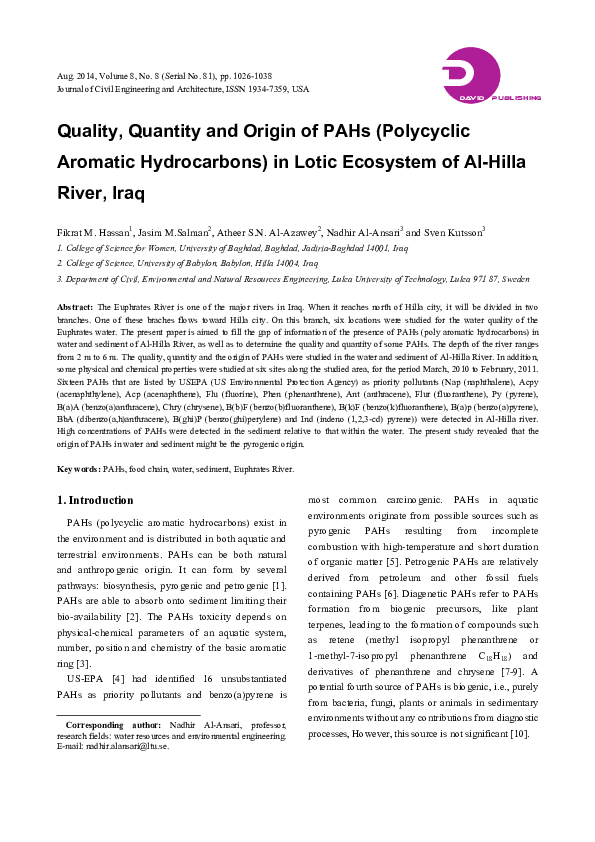 (PDF) Quality, Quantity and Origin of PAHs (Polycyclic Aromatic Hydrocarbons) in Lotic Ecosystem ...