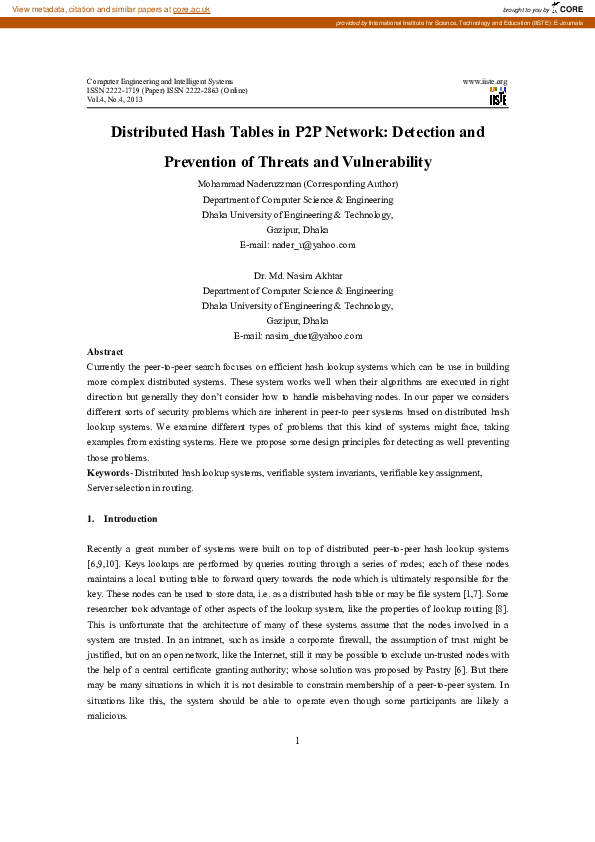 Pdf Distributed Hash Tables In P2p Network Detection And Prevention Of Threats And 