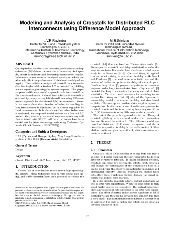Pdf Modeling And Analysis Of Crosstalk For Distributed Rlc Interconnects Using Difference