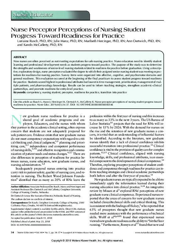(PDF) Nurse Preceptor Perceptions of Nursing Student Progress Toward Readiness for Practice
