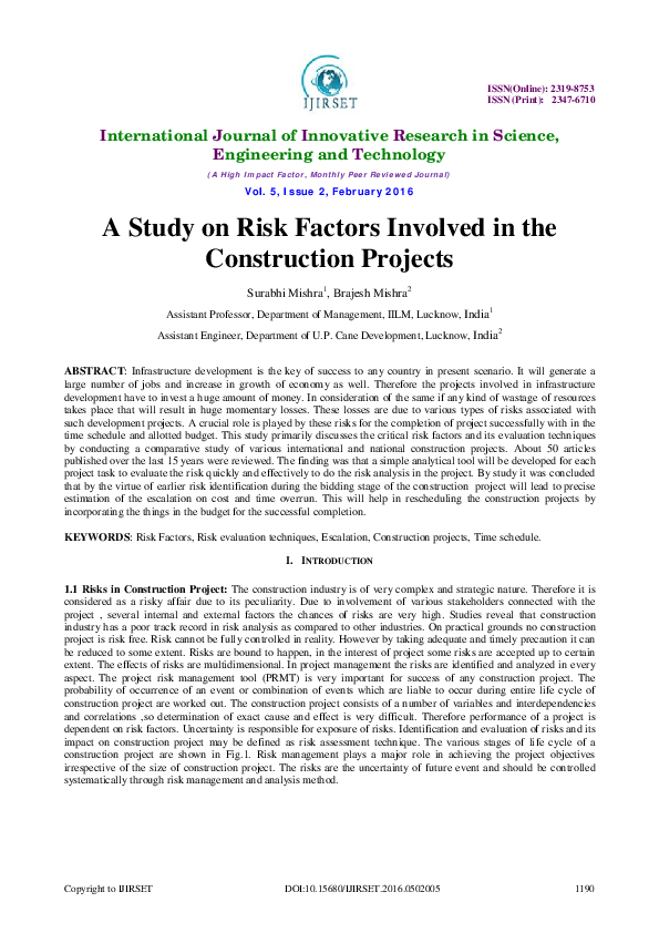 (PDF) A Study on Risk Factors Involved in theConstruction Projects