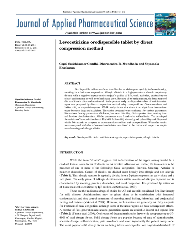 (PDF) Levocetirizine orodispersible tablet by direct compression method