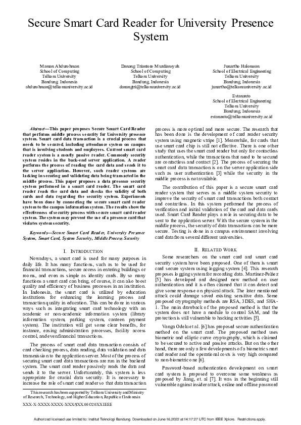 (PDF) Secure Smart Card Reader for University Presence System