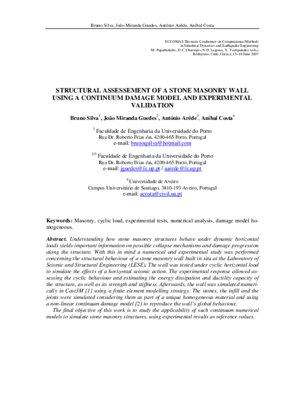 (PDF) Structural assessment of a stone masonry wall using a continuum damage model and ...