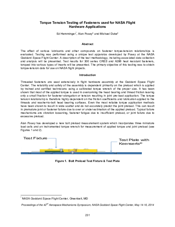 (PDF) Torque Tension Testing of Fasteners used for NASA Flight Hardware ...