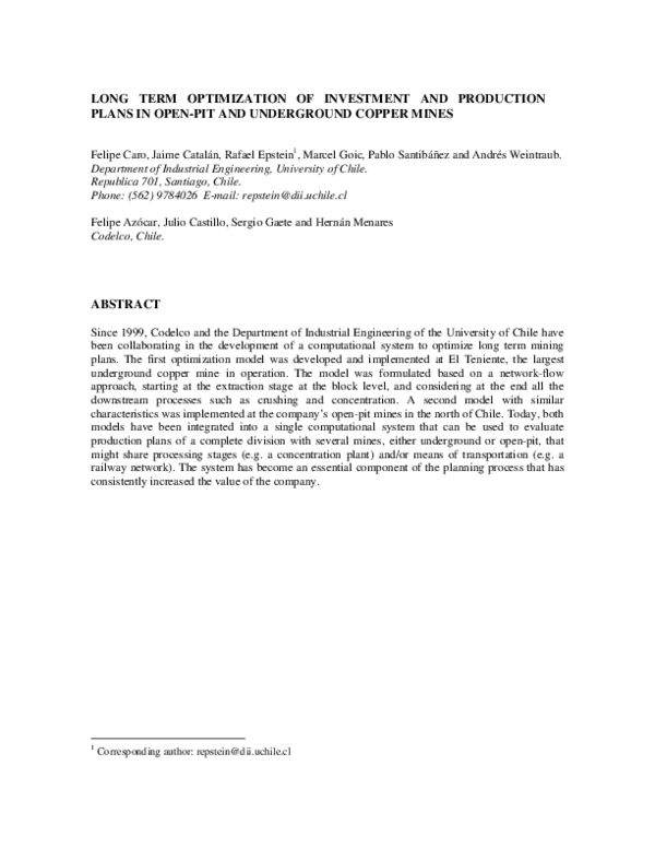 (PDF) Long Term Optimization of Investment and Production Plans in Open-Pit and Underground ...